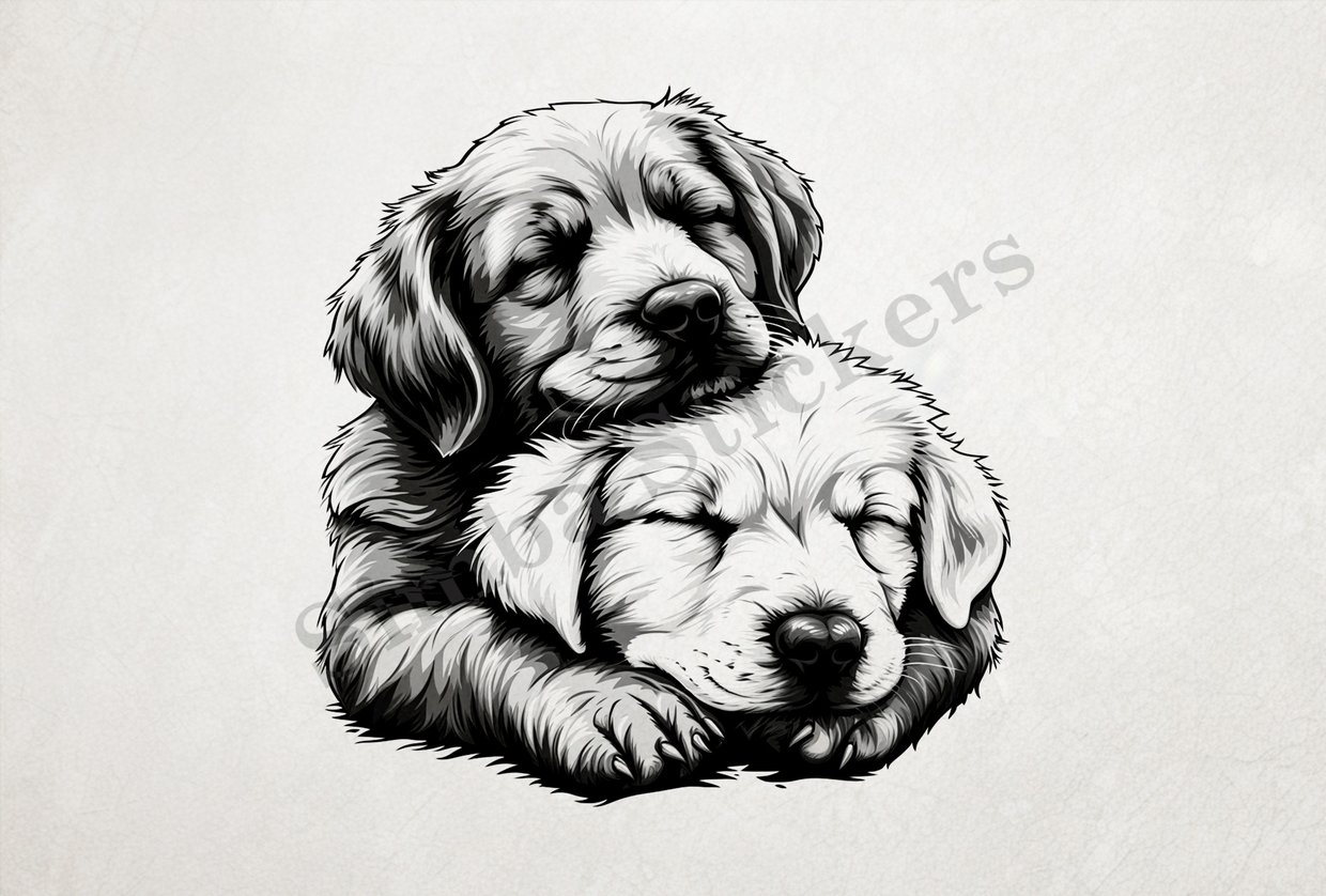 Dog, one light and one dark, cuddling, outline art