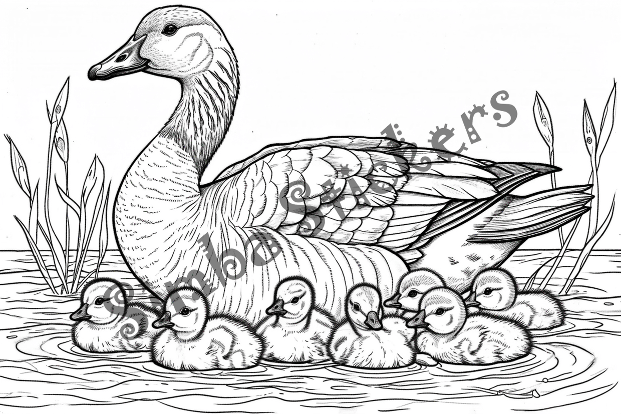 Colouring pages, bundle of geese with goslings, 10 images