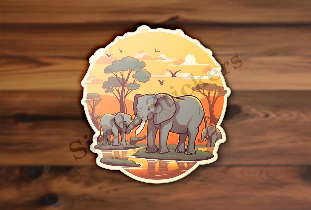 African elephant family at a pond in the Savanna