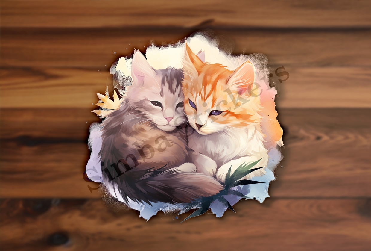 Cats cuddling, watercolour