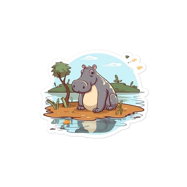 Sticker 4x4, Cute hippo on an island in a pond