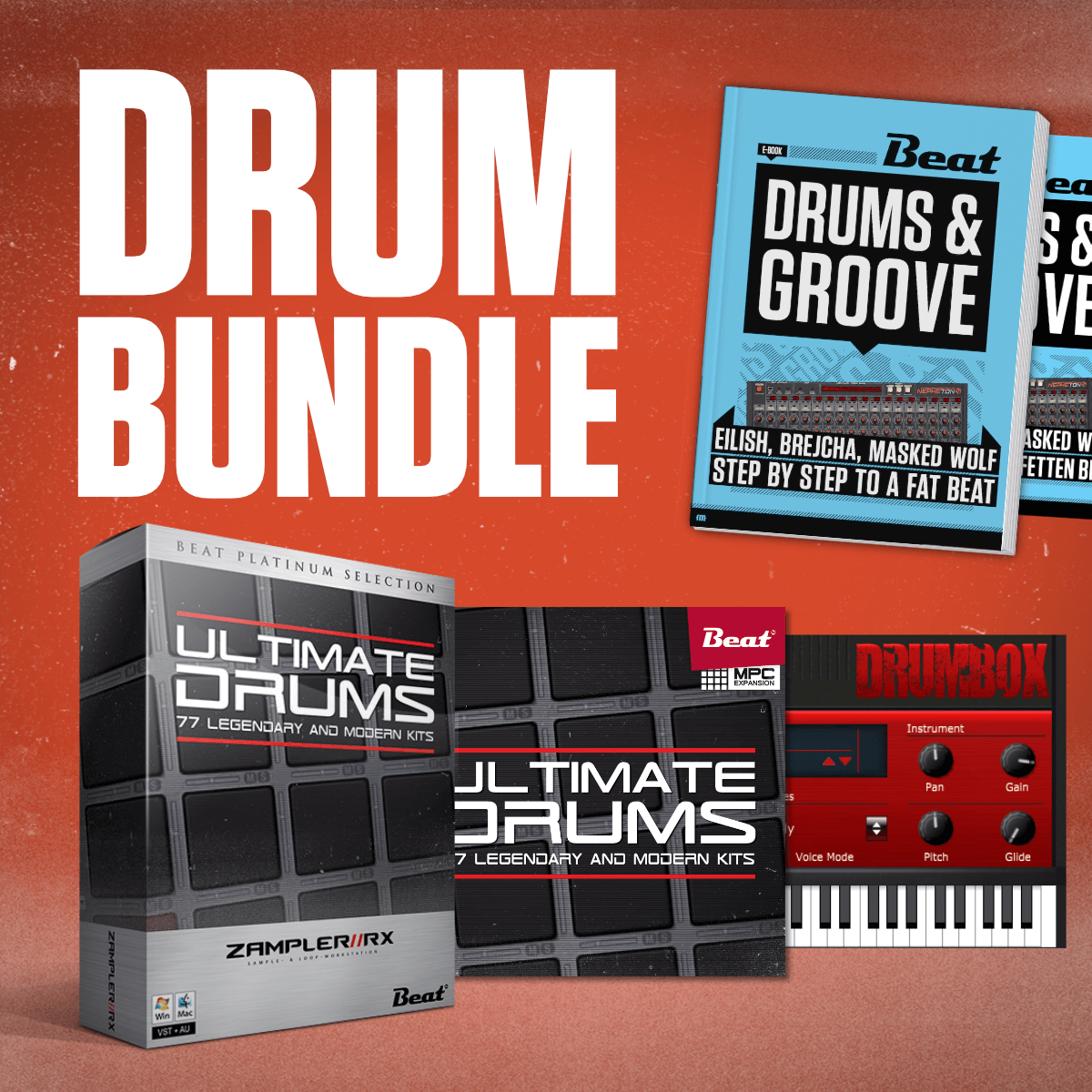 THE DRUM BUNDLE - 131 drumkits + 554 loops + 1 VST drum plugin + 1 eBook
