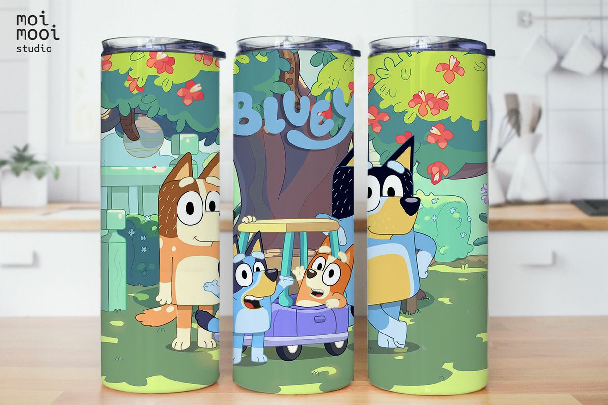 Bluey Family Dad Bandit Cartoon Kids 16oz Glass Libbey Tumbler Wrap Design