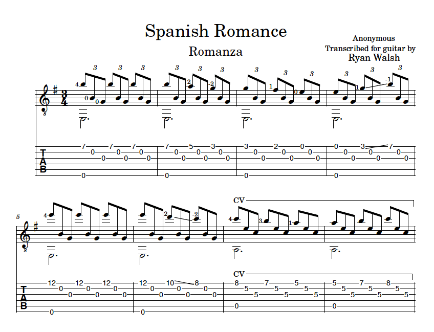Spanish Romance (Romanza) - tab and sheet music for classical guitar