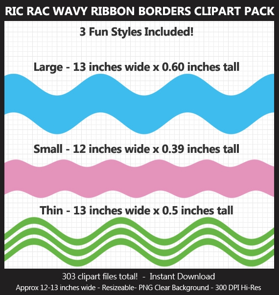 Ric Rac Wavy Ribbon Borders Clipart Pack - 101 Colors, Printable, Large ...