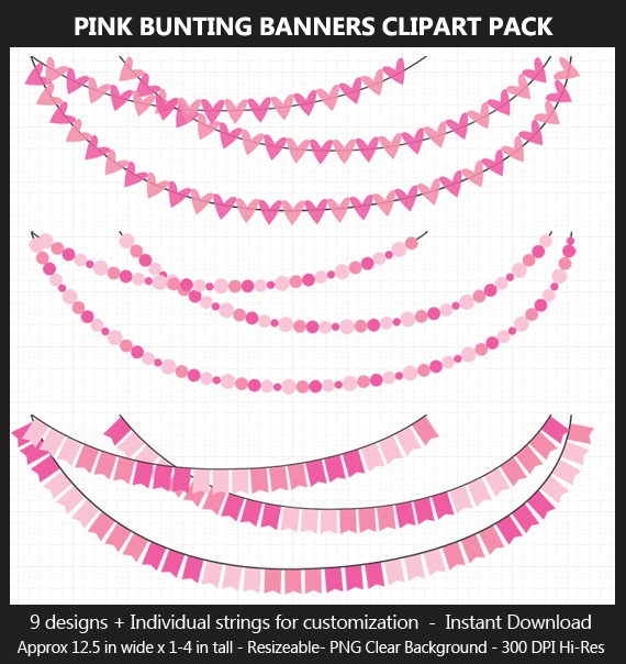 Pink Bunting Banner Clipart Pack - Wedding, Baby Shower, Birthday ...