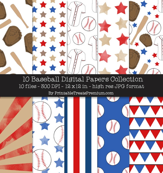 Baseball Digital Paper Pack - Bat, Glove, Jersey, Scrapbook Paper ...