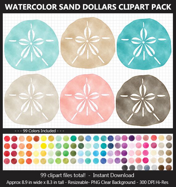 Watercolor Sand Dollars Clipart Pack - 99 Colors, Ocea