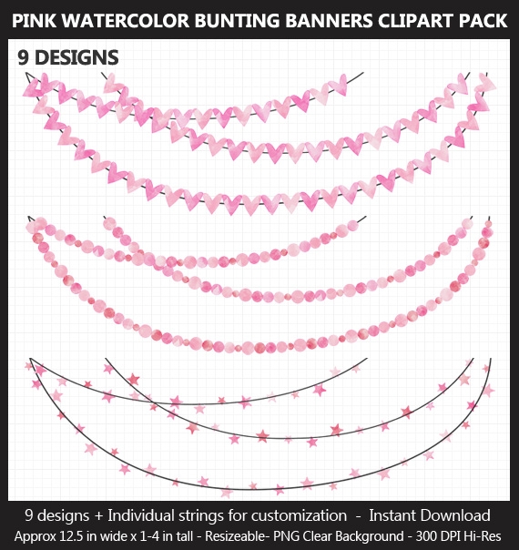 Pink Watercolor Bunting Banner Clipart Pack - Wedding, Baby Shower ...