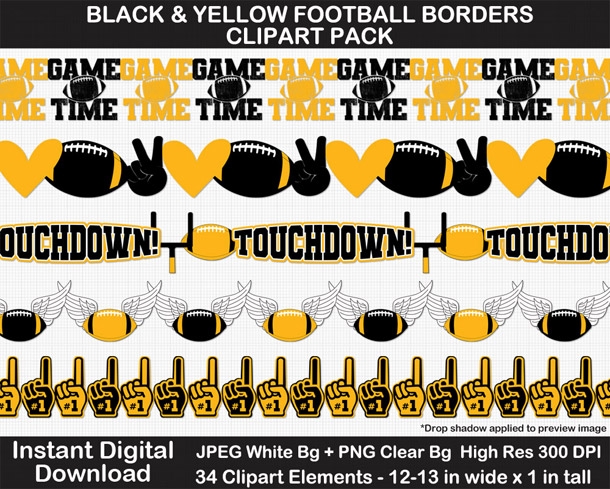 Black and Yellow Football Borders Clipart Pack - Printable, Scrapbook ...