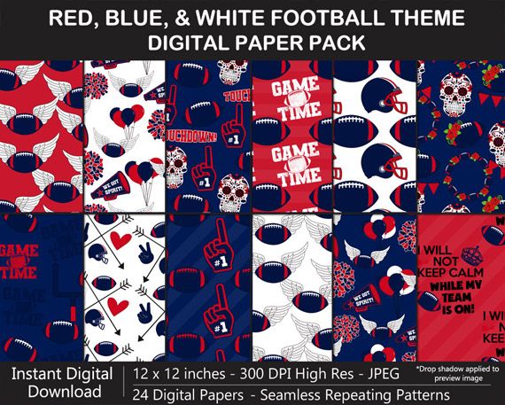 Red, Blue, White Football Digital Paper Pack - Seamless, Background ...