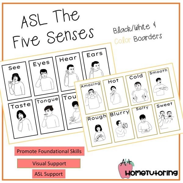 ASL The Five Senses Flashcards B/W & Color Boarders