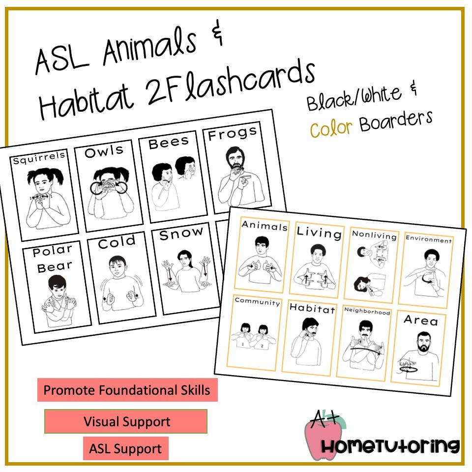 ASL Animals & Habitat 2 Flashcards B/W & Color Boarders