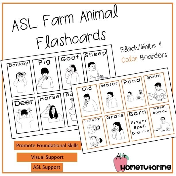 ASL Farm Animal Flashcards B/W & Color Boarders