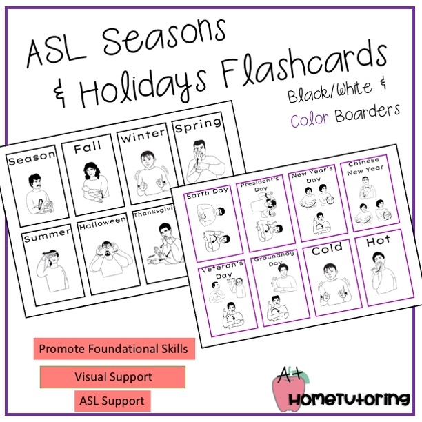 ASL Seasons & Holidays Flashcards B/W & Color Boarders
