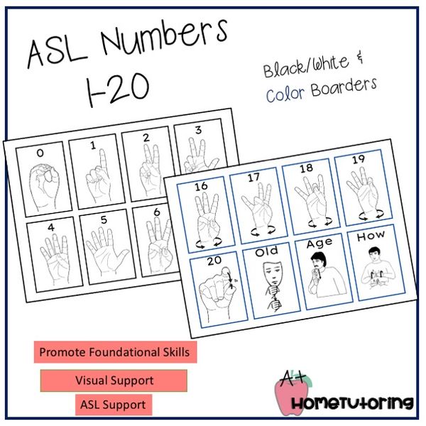 ASLNumbers 1-20 Flashcards B/W & Color Boarders