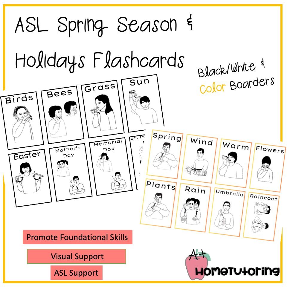 ASL Spring Season & Holidays Flashcards B/W & Color Boarders