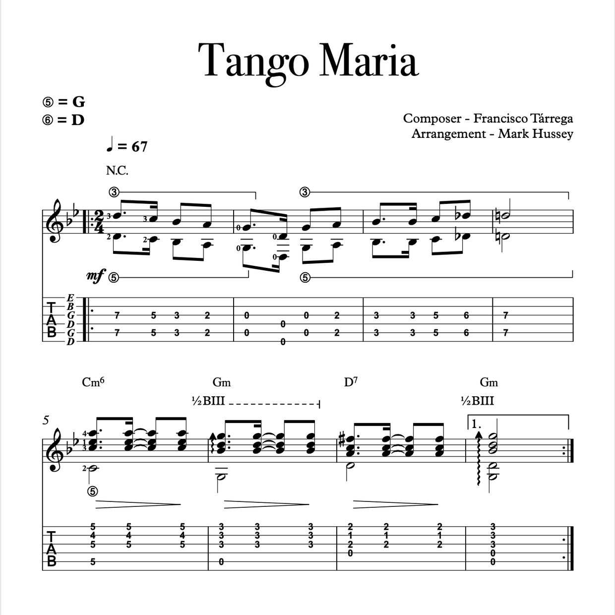Tango Maria - Francisco Tárrega - Classical guitar notation and tablature