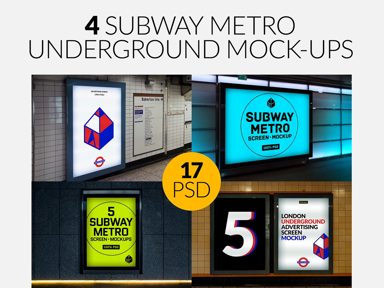 4 Subway Metro Underground Advertising Screen Mock-Ups Bundle