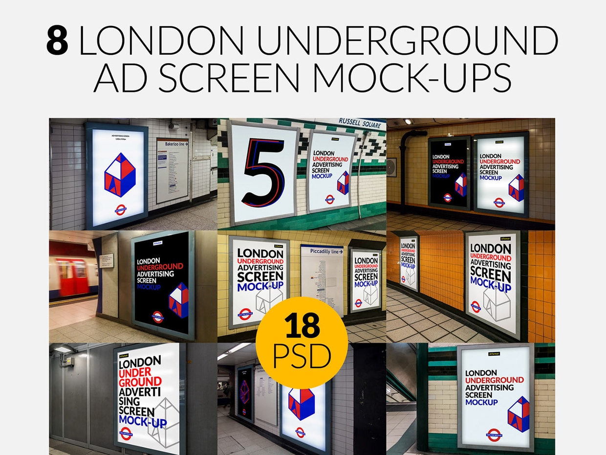 8 London Underground Ad Screen Mock-Ups Bundle