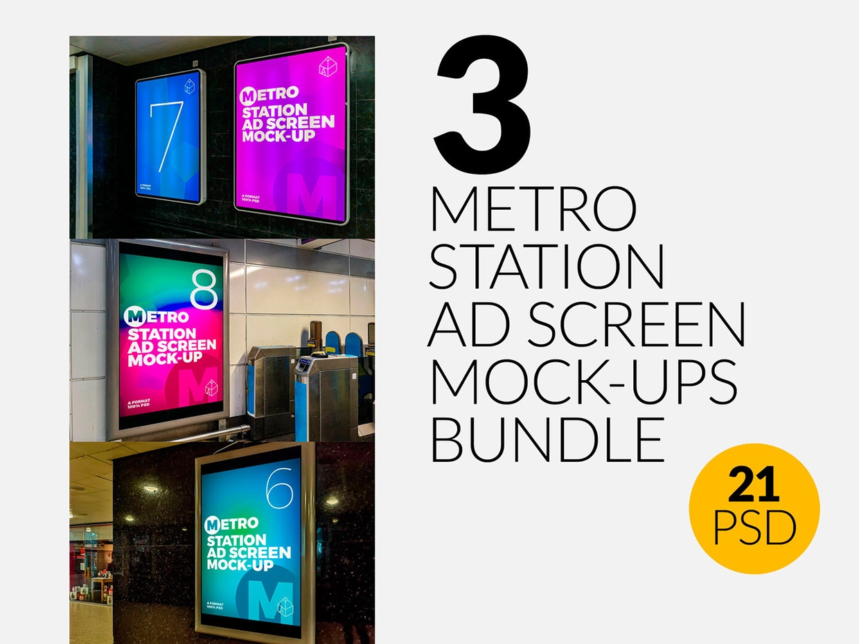 3 Metro Station Advertising Screen Mock-Ups Bundle