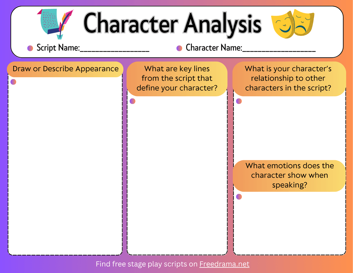 Character Analysis sheet for Actors