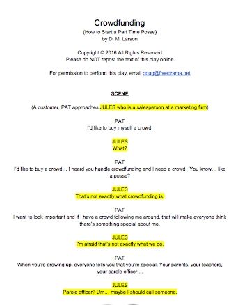 Jules' lines highlighted for the script Crowdfunding