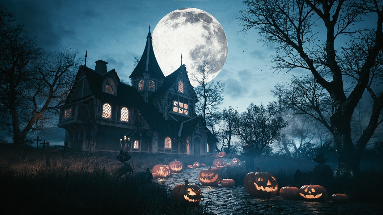 Old ghost house in a dark forest on a moonlit night