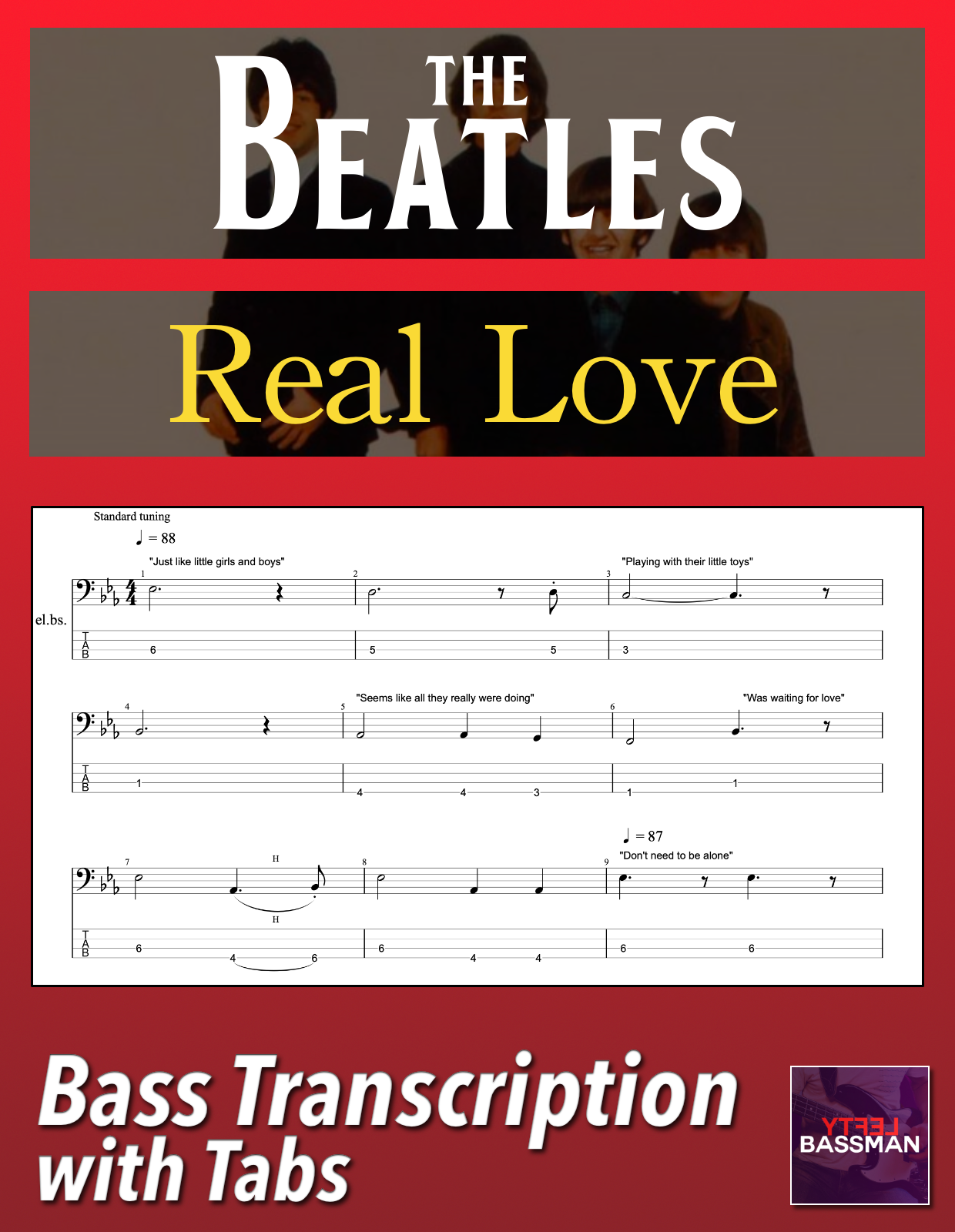 The Beatles - Real Love /// Bass transcription with tabs & Audio track
