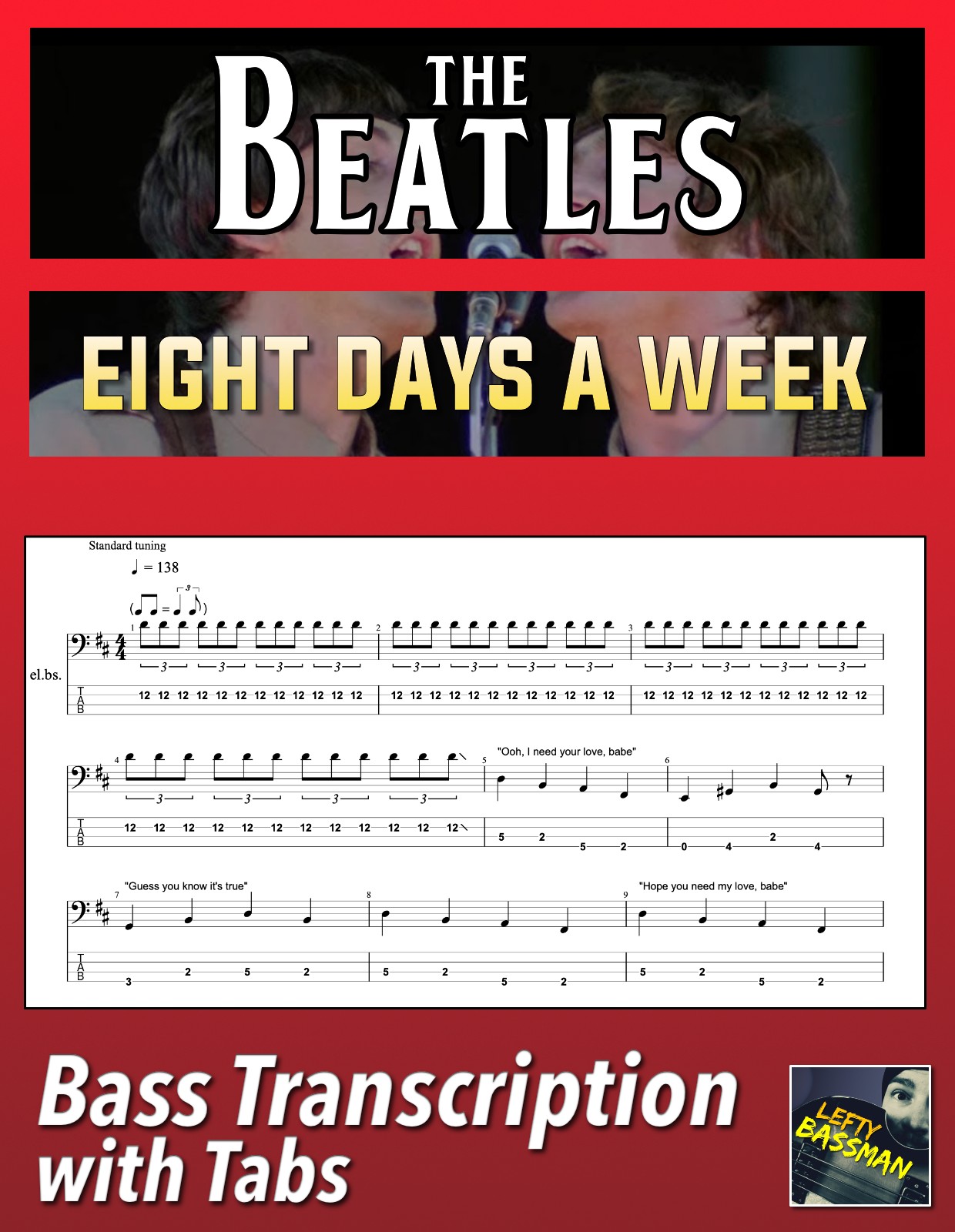 The Beatles - Eight Days A Week //// Bass transcription with tabs ...