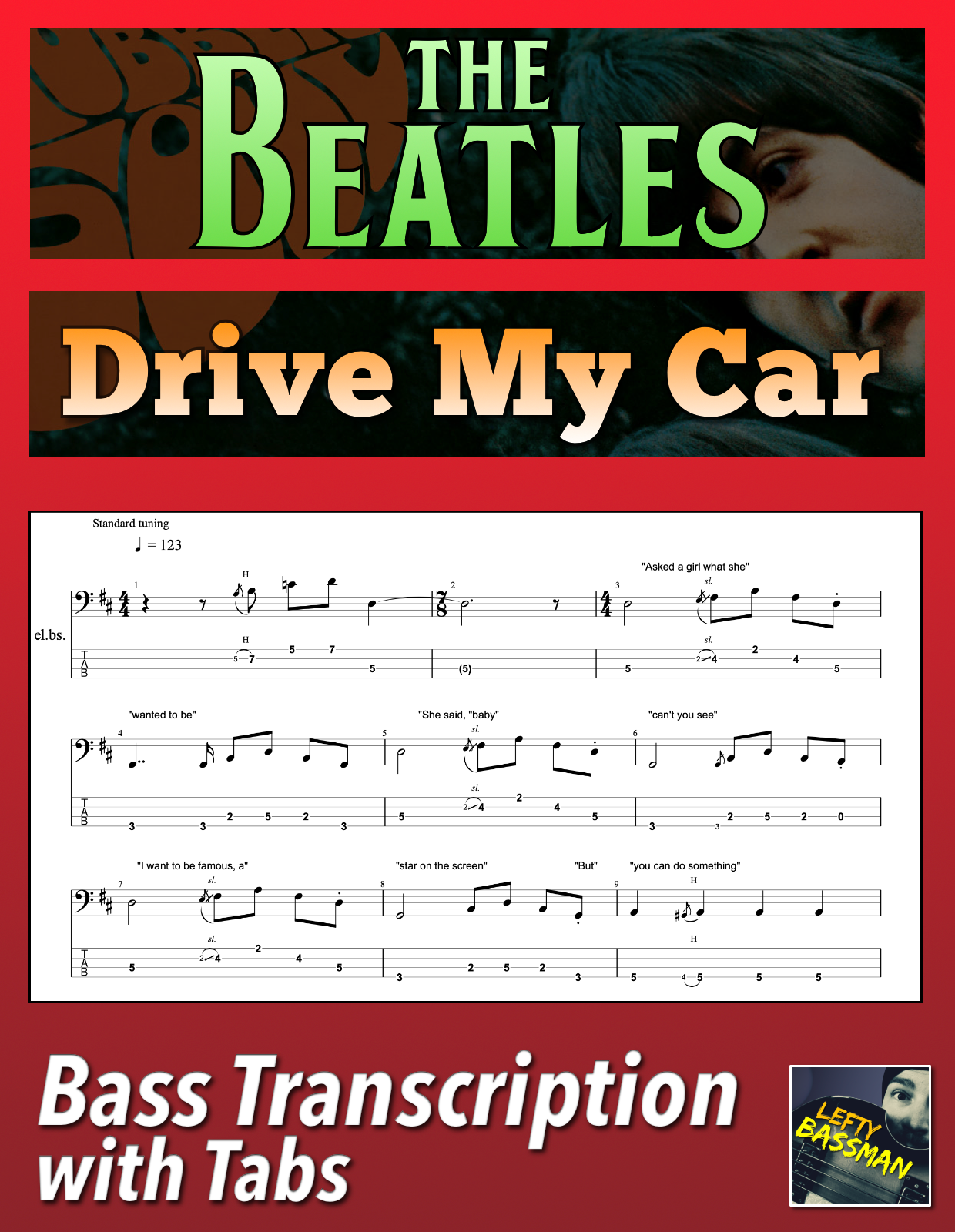 The Beatles - Drive My Car /// Bass transcription with tabs & Audio track