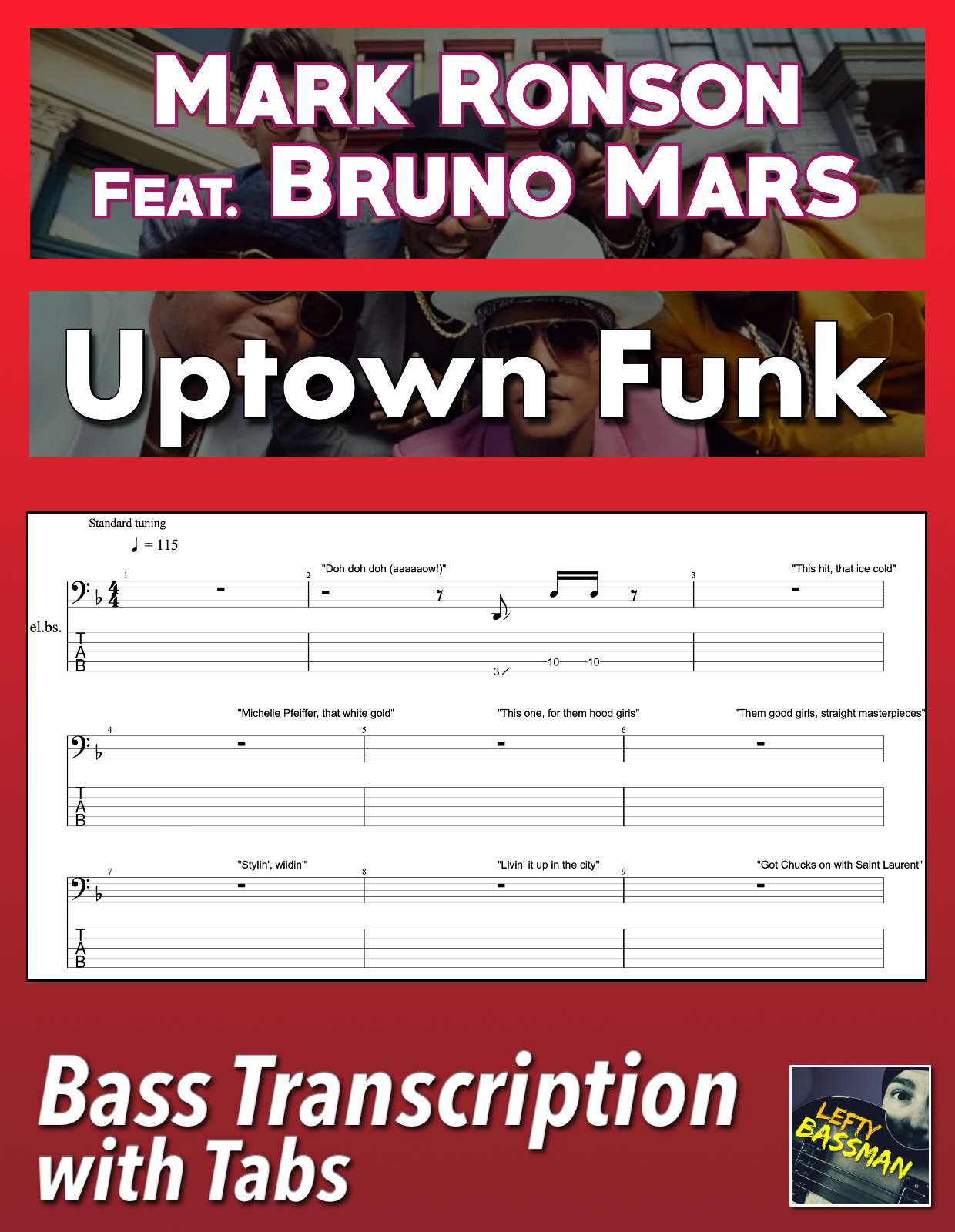 Mark Ronson Feat. Bruno Mars - Uptown Funk /// Bass transcription with ...