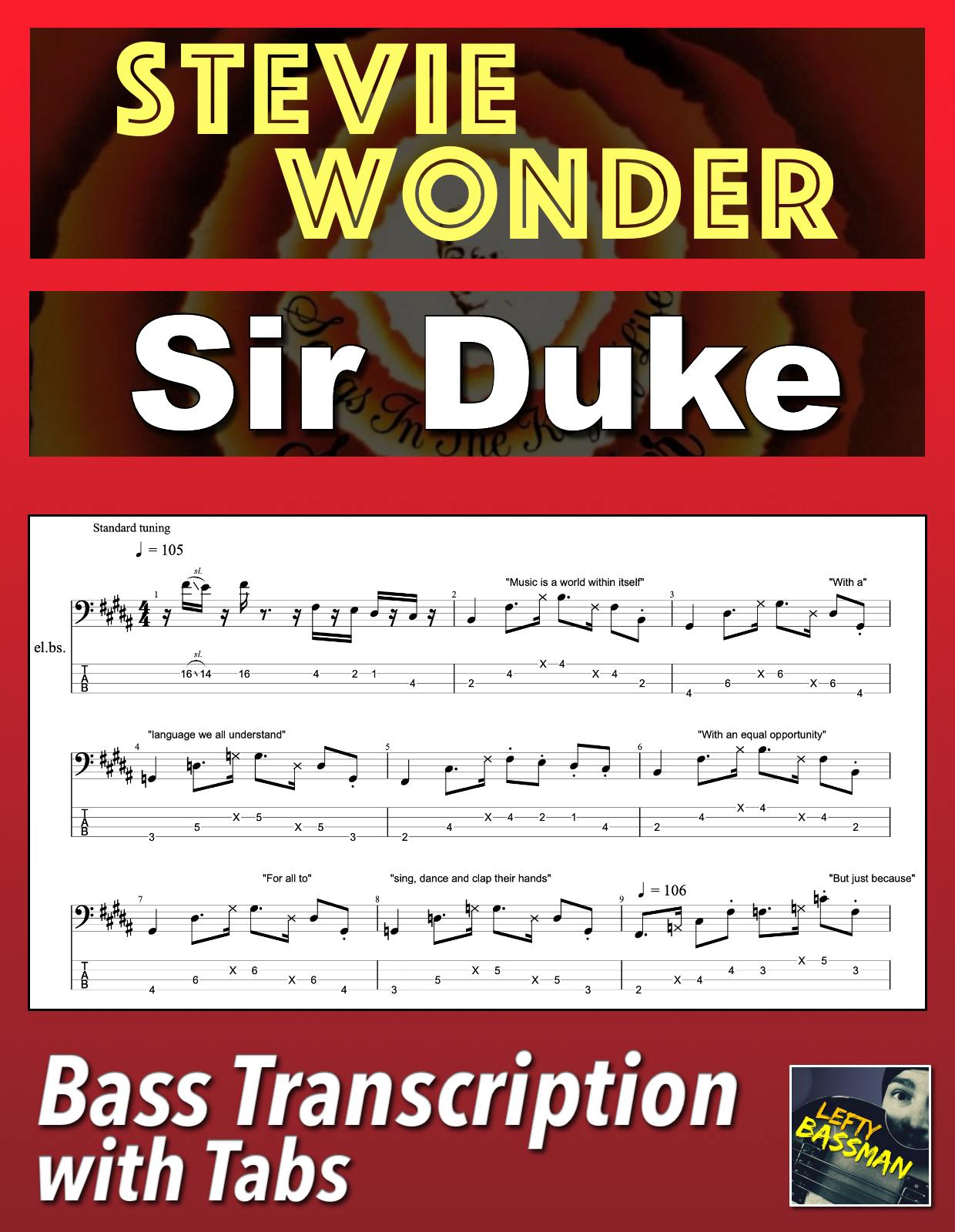 Stevie Wonder - Sir Duke /// Bass transcription with tabs & Audio track