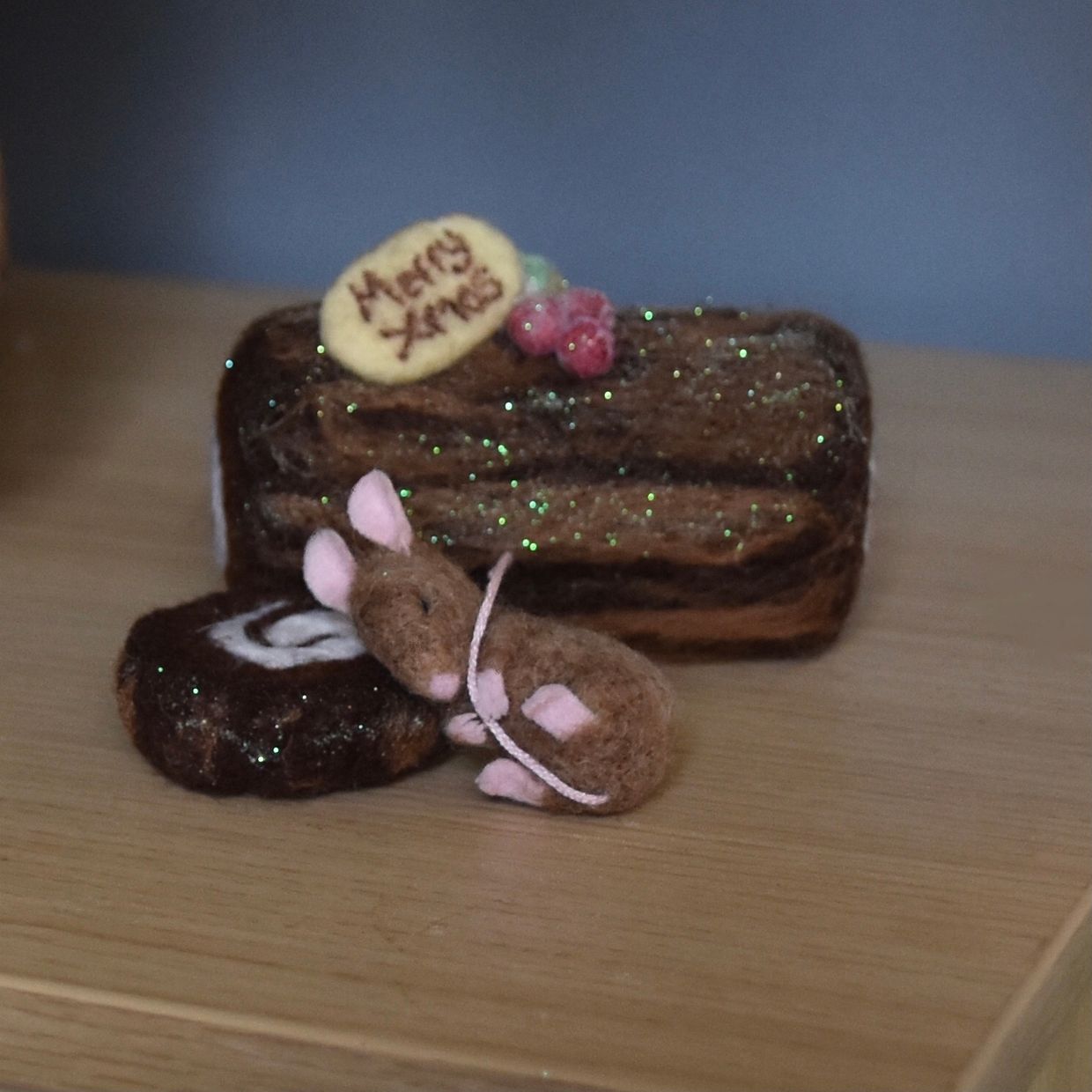 Little Needle Felted Mouse on Chocolate Christmas Yule Log - Ornament