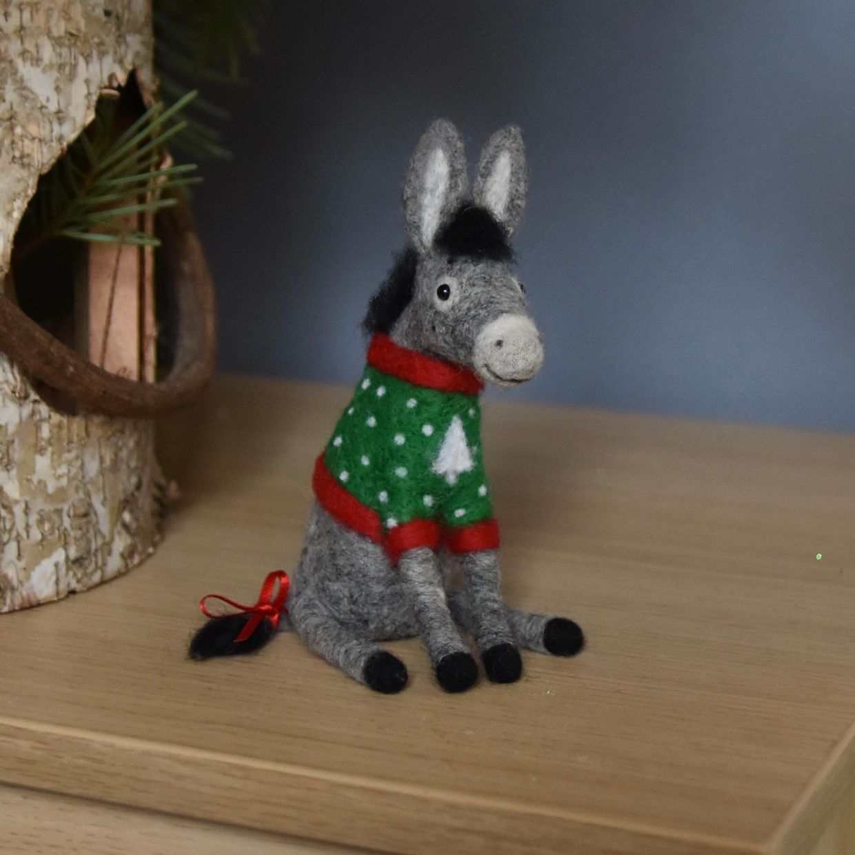 Needle Felted Miniature Grey Donkey in festive jumper - Ornament