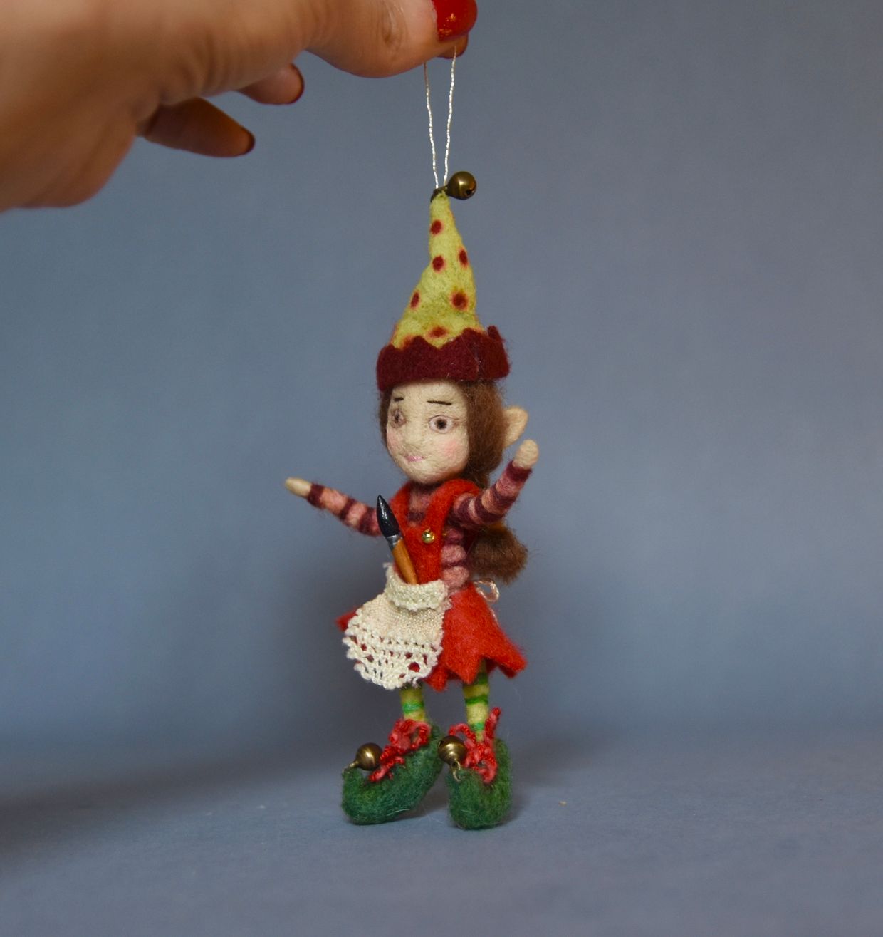 One of a Kind Needle Felted Girl Elf Figure - Christmas Tree Ornament
