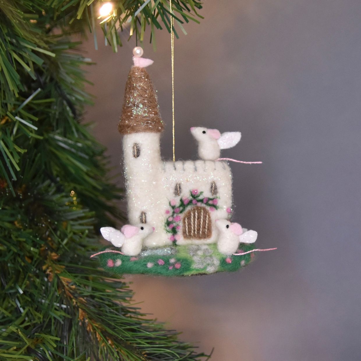 Needle felted miniature fairy Castle with tiny Fairy Mice