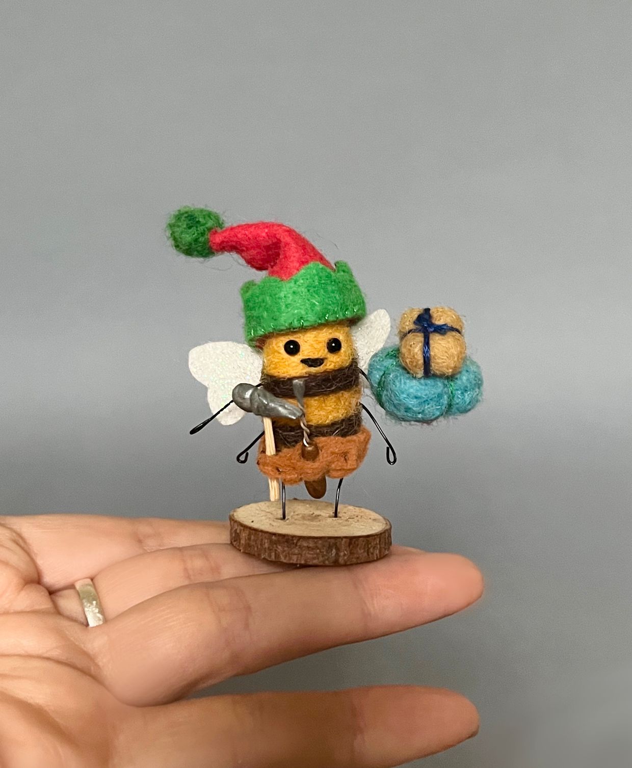 Needle Felted Busy Bee Elf With Tool Belt & Presents