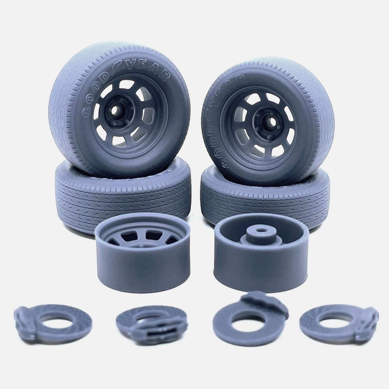 1/24 Resin, 15 inch Bassett D-Hole Wheels, Goodyear G7 Blue Streak Tires