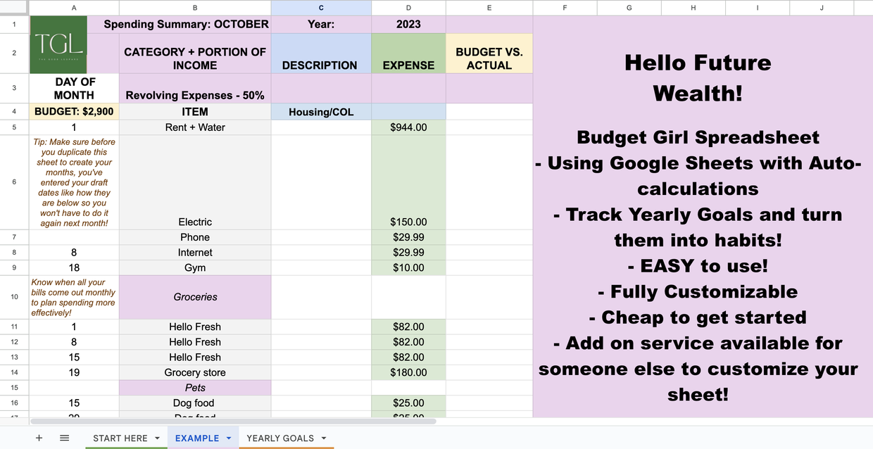 Budget Girl Spreadsheet: Track Monthly Spending and Yearly Goals