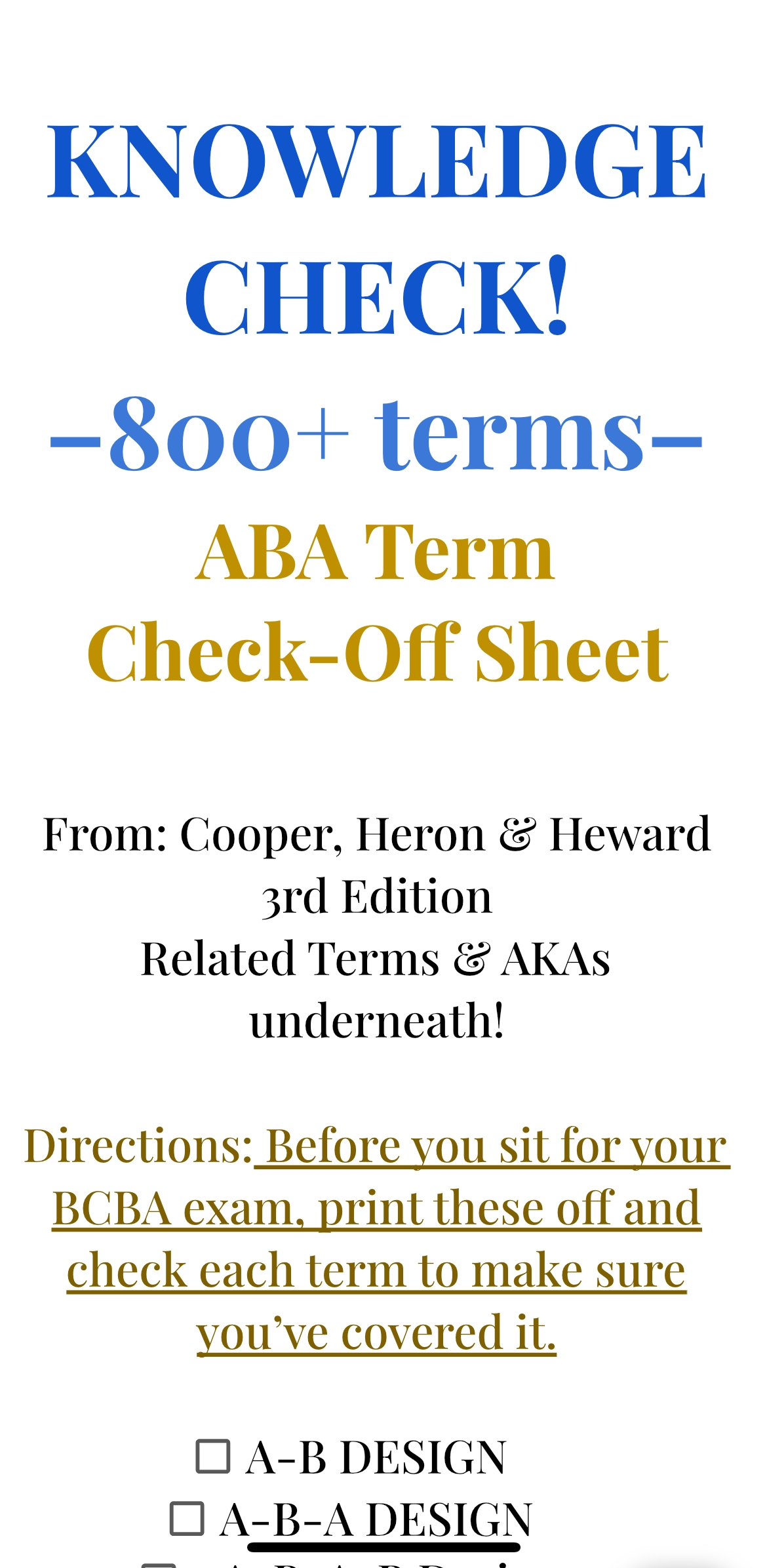 800+ ABA Term Knowledge Check - Check-Off Sheet