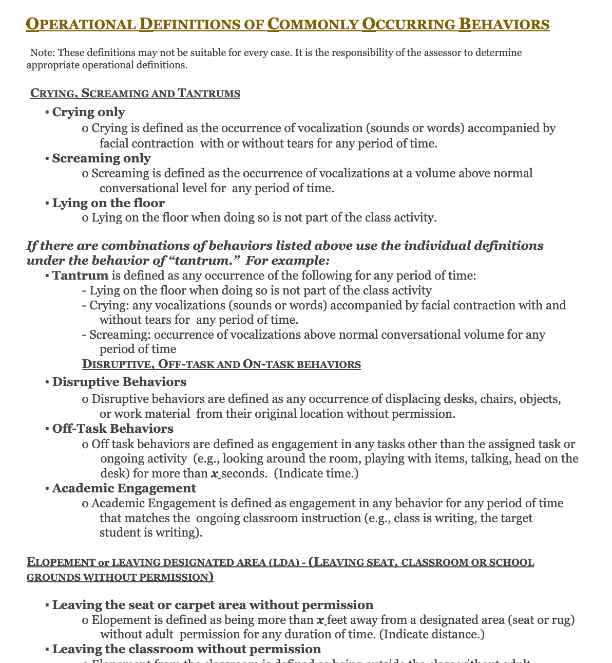 Operational Definitions for Commonly Occurring Behaviors