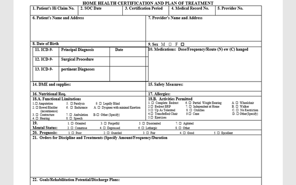 485 HOME HEALTH CERTIFICATION AND PLAN OF TREATMENT