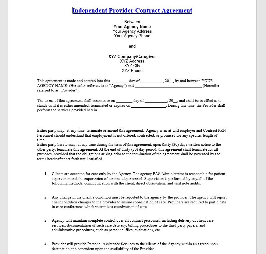 Healthcare Independent Contractor | Professional Service Agreement