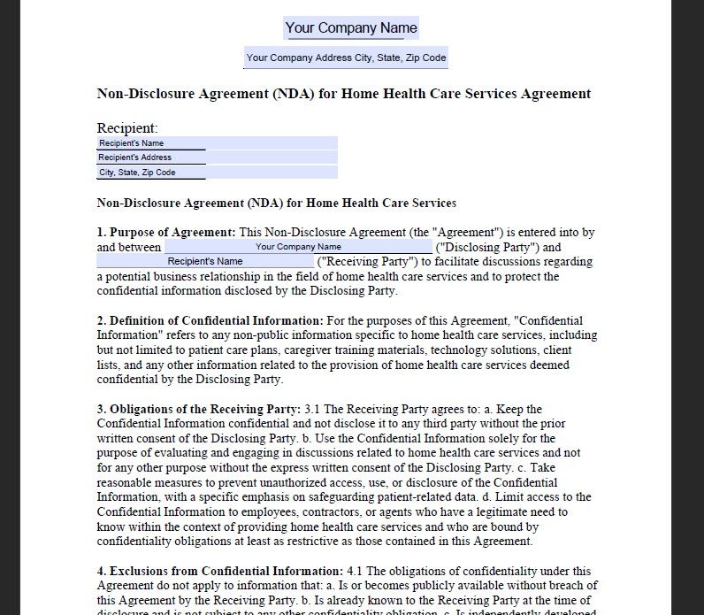 Non-Disclosure Agreement (NDA) for Home Health Care Services