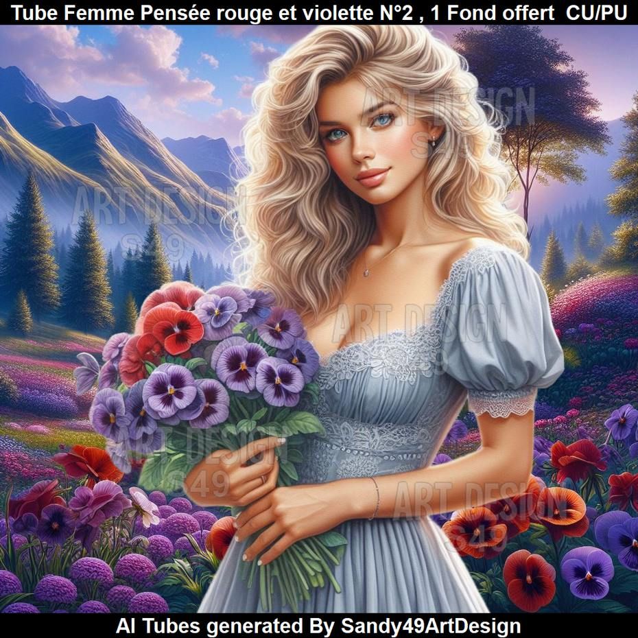 Tube Femme Pensée rouge et violette N°2