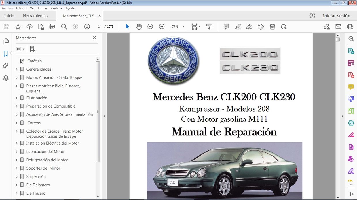 MERCEDES BENZ CLK200 CLK230 C208 A208 M111 Manual de Taller EN ESPAÑOL