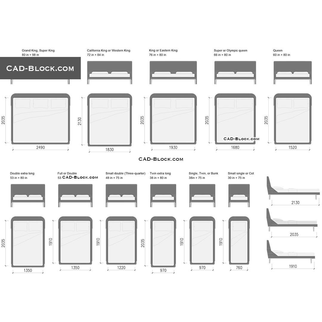 Mattress and Beds Sizes - CAD Blocks, AutoCAD, DWG
