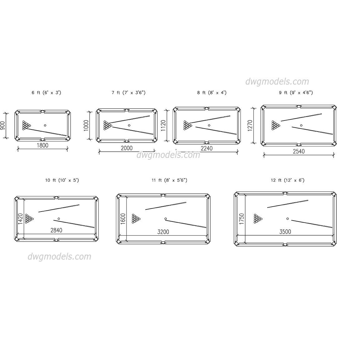 Billiard table sizes - DWG File (AutoCAD) Billiard table sizes - DWG File (AutoCAD)