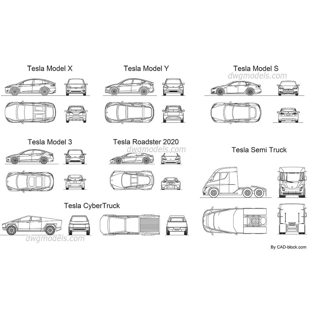 Tesla All Models - drawing for 3D modeling